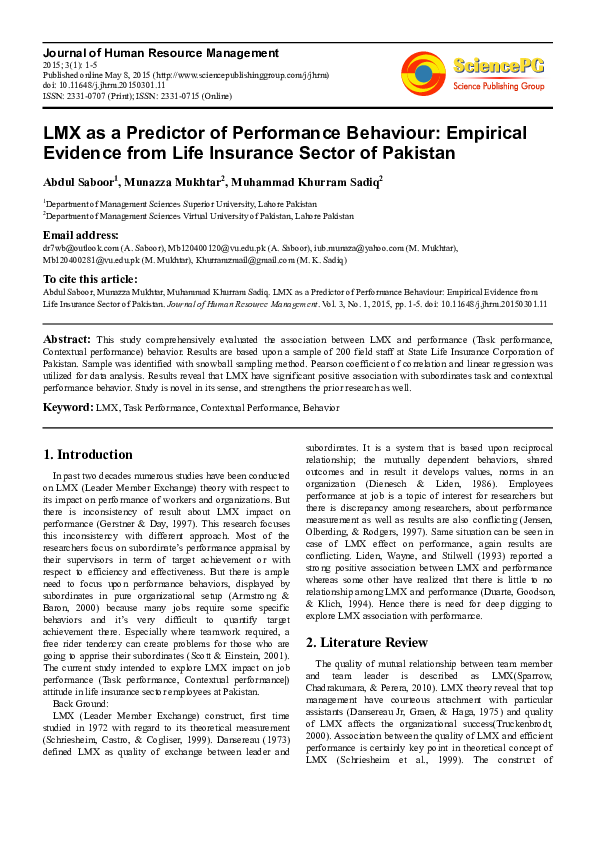 (PDF) LMX as a Predictor of Performance Behaviour: Empirical Evidence from Life Insurance Sector ...