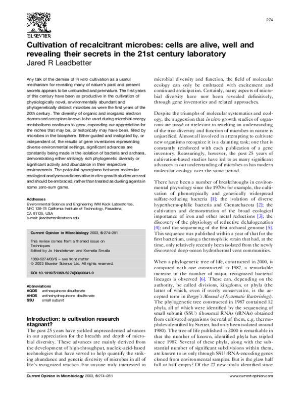 (PDF) Cultivation of recalcitrant microbes: cells are alive, well and ...