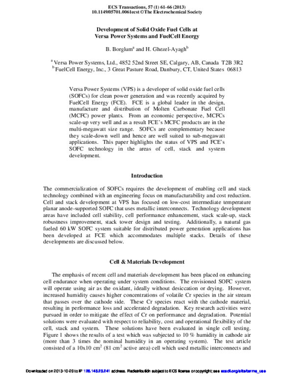(PDF) Development of Solid Oxide Fuel Cells at Versa Power Systems
