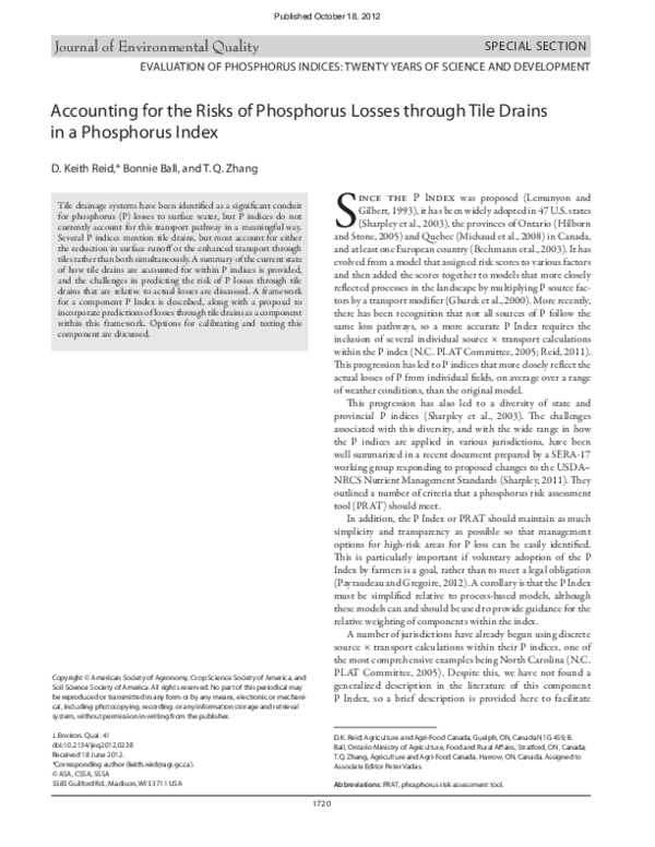 (PDF) Accounting for the Risks of Phosphorus Losses through Tile Drains ...