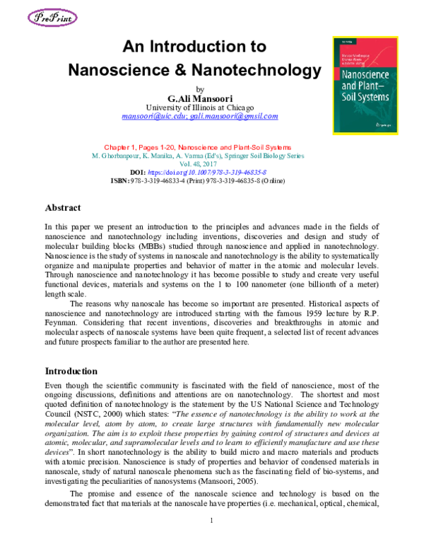 (PDF) An Introduction to Nanoscience & Nanotechnology