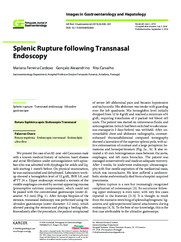(PDF) Splenic Rupture following Transnasal Endoscopy