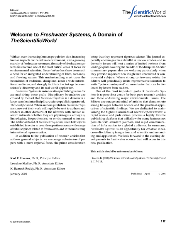(PDF) Welcome to Freshwater Systems, A Domain of TheScientificWorld