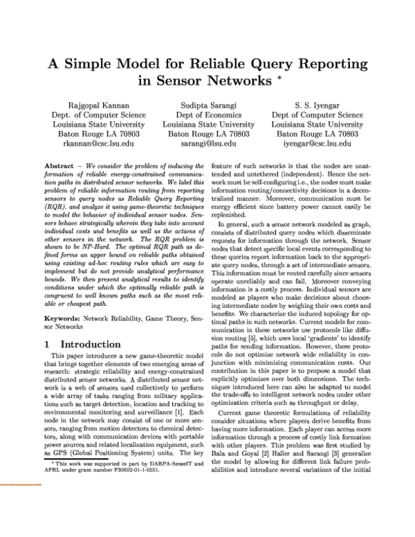 (PDF) A Simple Model of Reliable Query Reporting in Sensor Networks