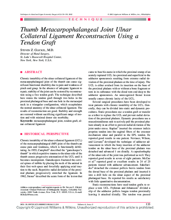 (PDF) Thumb Metacarpophalangeal Joint Ulnar Collateral Ligament Repair ...