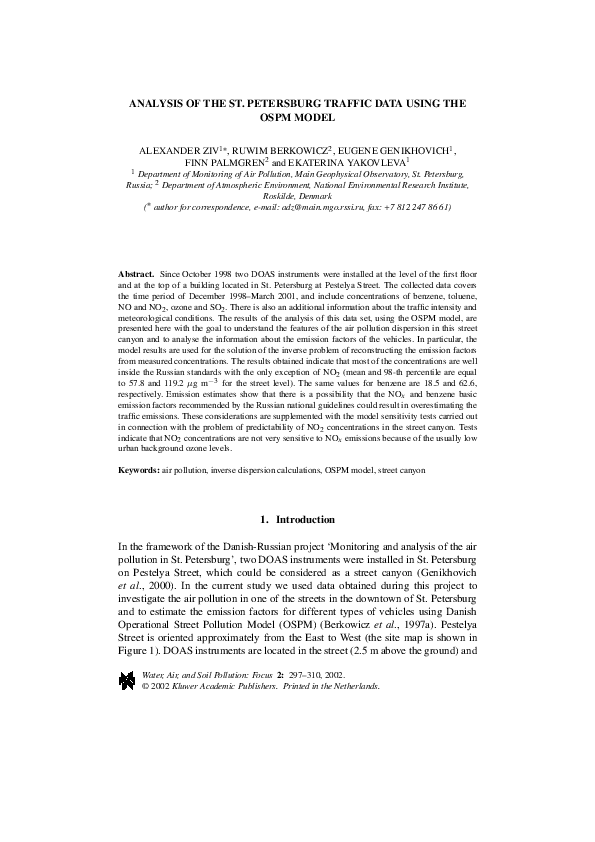 (PDF) Analysis of the St. Petersburg Traffic Data Using the OSPM Model
