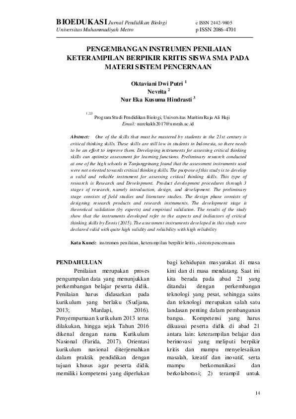 (PDF) Pengembangan Instrumen Penilaian Keterampilan Berpikir Kritis Siswa Sma Pada Materi Sistem ...