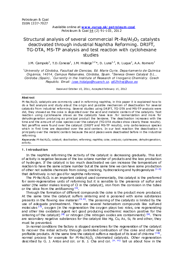 (PDF) Structural analysis of several commercial Pt-Re/Al2O3 catalysts deactivated through ...