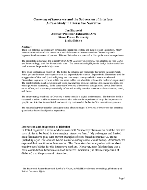 (PDF) Ceremony of innocence and the subversion of interface: a case study in interactive narrative