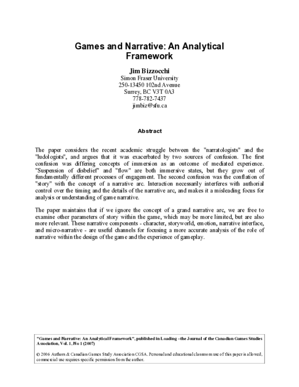 (PDF) Games and narrative: An analytical framework