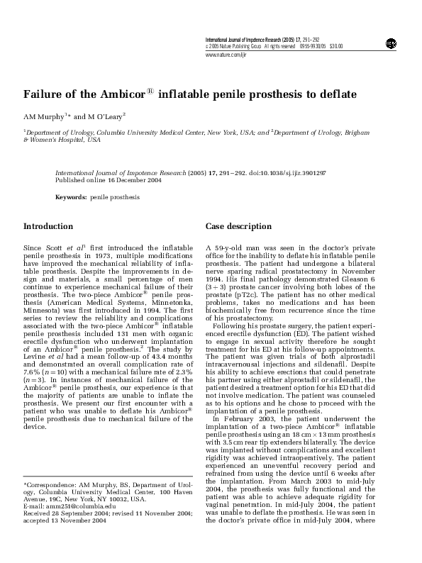 (PDF) Failure of the Ambicor® inflatable penile prosthesis to deflate