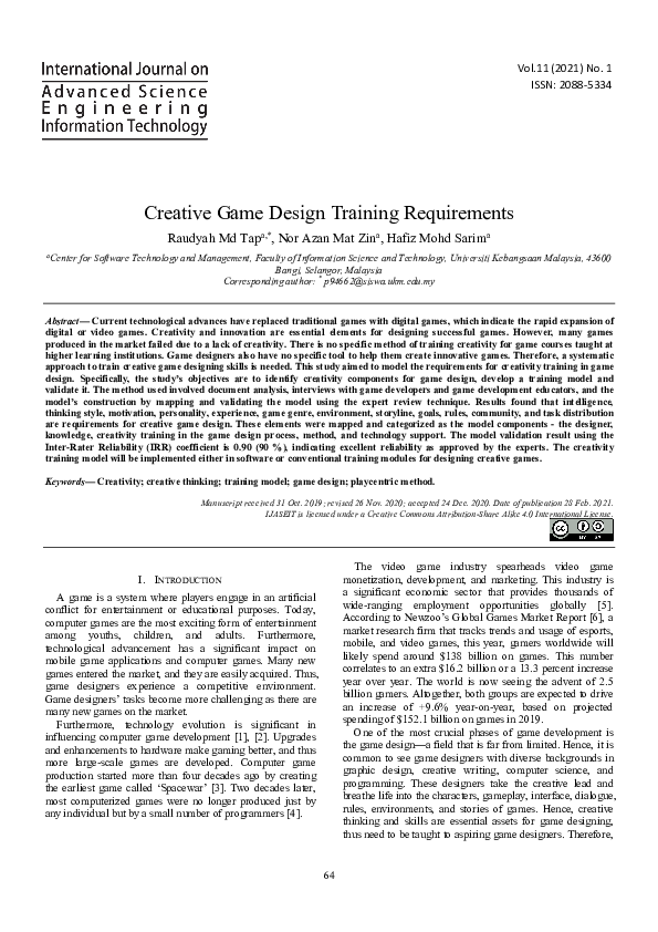 (PDF) Creative Game Design Training Requirements