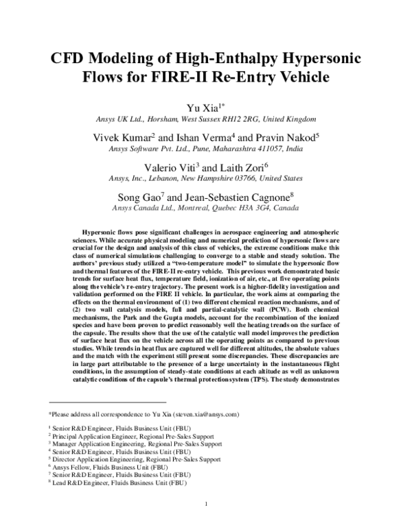 (PDF) CFD Modeling of High-Enthalpy Hypersonic Flows for FIRE-II Re-Entry Vehicle