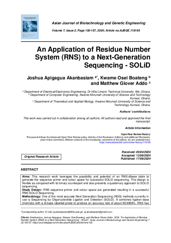 (PDF) An Application of Residue Number System (RNS) to a Next-Generation Sequencing -SOLiD