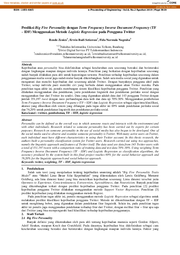 Prediksi Big Five Personality dengan Term Frequency Inverse Document ...