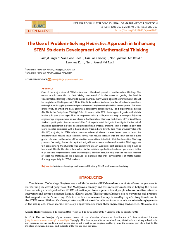 (PDF) The Use of Problem-Solving Heuristics Approach in Enhancing STEM Students Development of ...