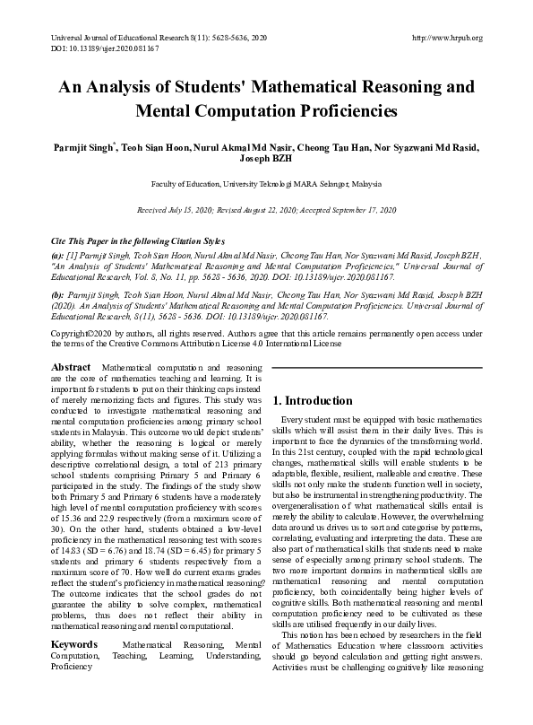 (PDF) An Analysis of Students' Mathematical Reasoning and Mental Computation Proficiencies