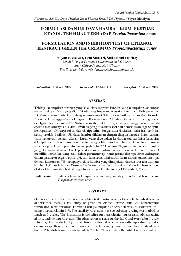 (PDF) FORMULASI DAN UJI DAYA HAMBAT KRIM EKSTRAK ETANOL TEH HIJAU TERHADAP Propionibacterium acnes
