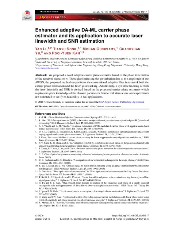 (PDF) Enhanced adaptive DA-ML carrier phase estimator and its application to accurate laser ...