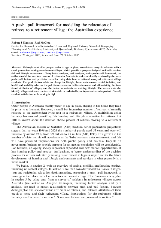 (PDF) A Push – Pull Framework for Modelling the Relocation of Retirees ...