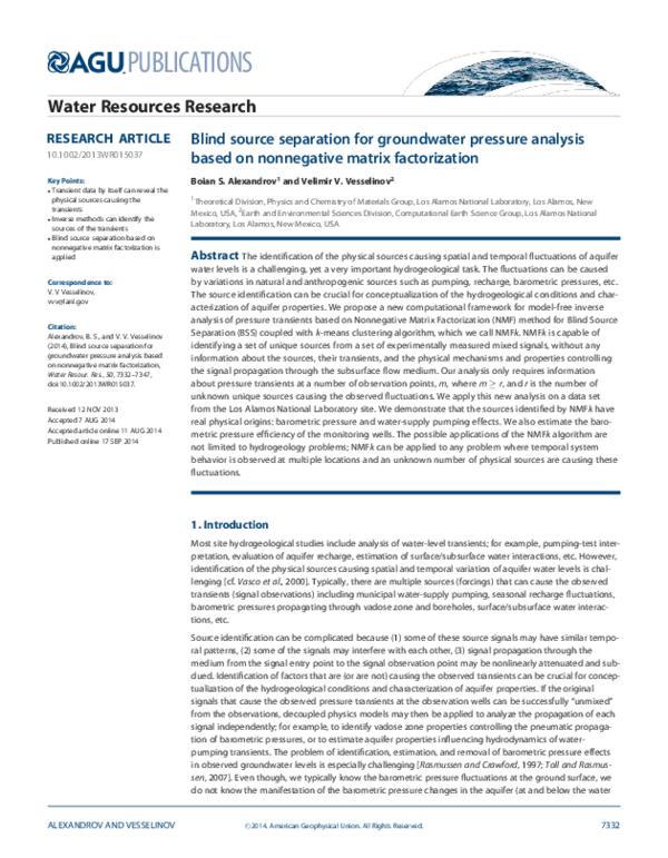 Pdf Blind Source Separation For Groundwater Pressure Analysis Based On Nonnegative Matrix