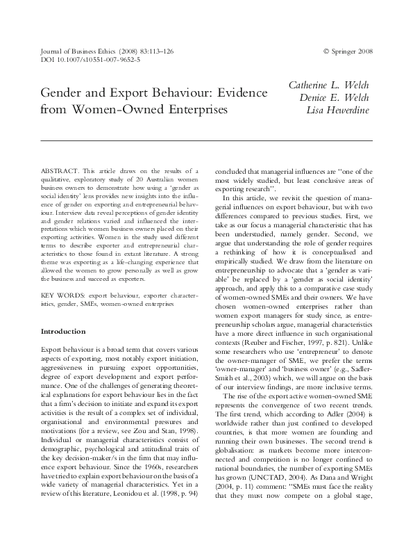 (PDF) Gender and Export Behaviour: Evidence from Women-Owned Enterprises
