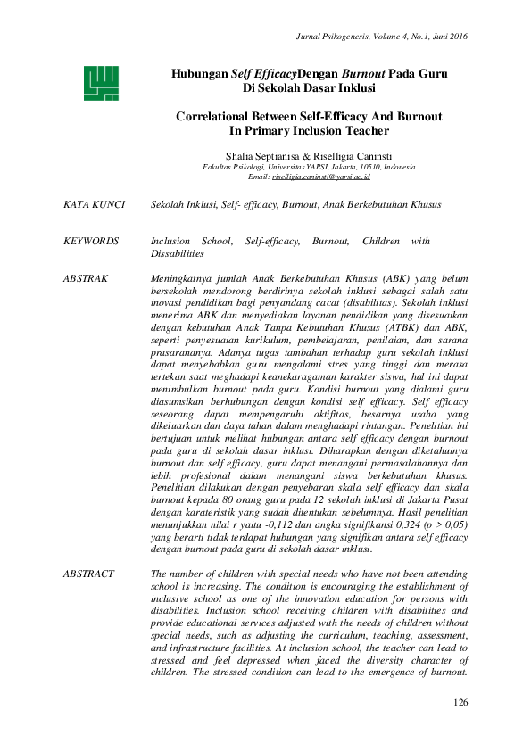 (PDF) Hubungan Self Efficacy Dengan Burnout Pada Guru Di Sekolah Dasar Inklusi