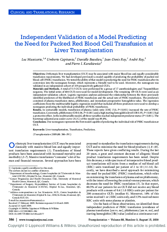 (PDF) Independent Validation of a Model Predicting the Need for Packed ...