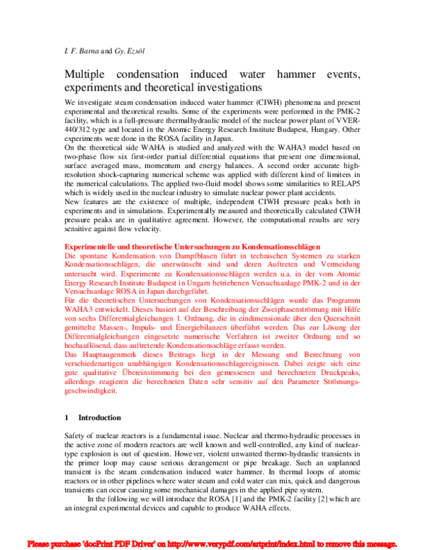 (PDF) Multiple condensation induced water hammer events, experiments ...