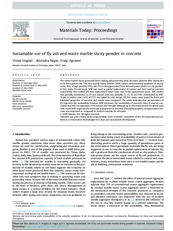 (PDF) Sustainable use of fly ash and waste marble slurry powder in concrete