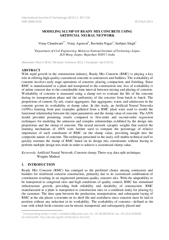 (PDF) Modeling Slump of Ready Mix Concrete using Artificial Neural Network