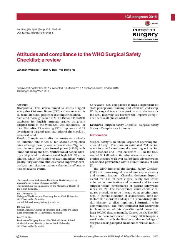 (PDF) Attitudes and compliance to the WHO Surgical Safety Checklist; a ...