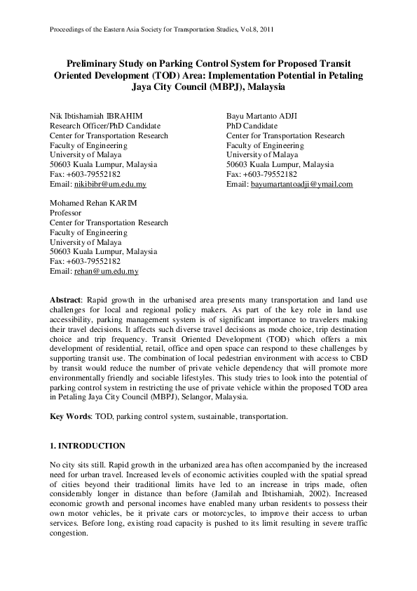 (PDF) Preliminary study on parking control system for proposed transit oriented development (TOD ...