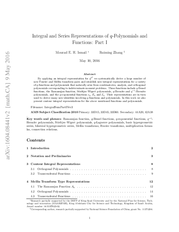 (PDF) Integral and series representations of q-polynomials and functions: Part I