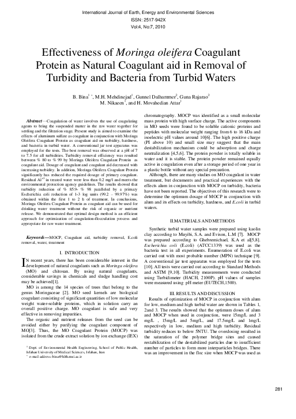 (PDF) Effectiveness Of Moringa Oleifera Coagulant Protein As Natural Coagulant Aid In Removal Of ...
