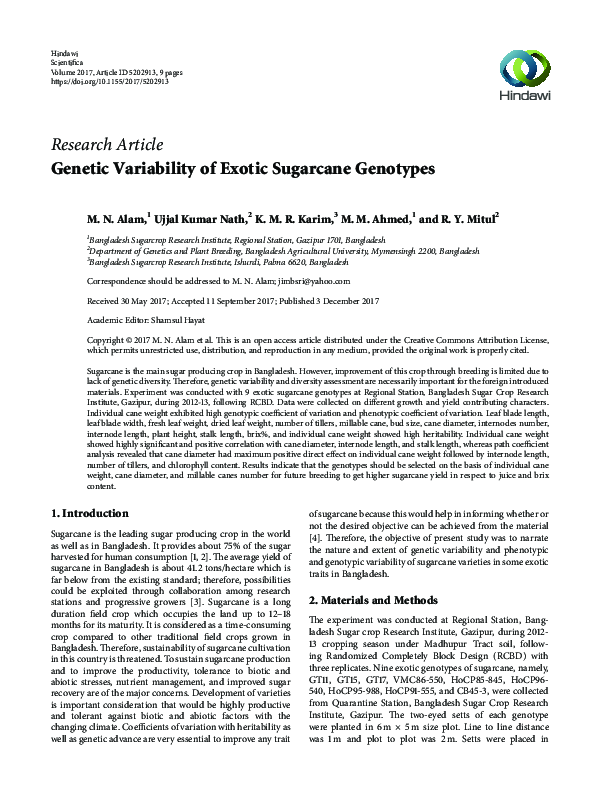 (PDF) Genetic Variability of Exotic Sugarcane Genotypes | Ujjal K Nath - Academia.edu