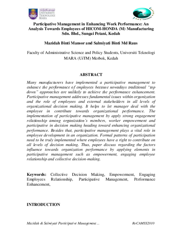 (PDF) Participative management in enhancing work performance: an analysis towards employees of ...