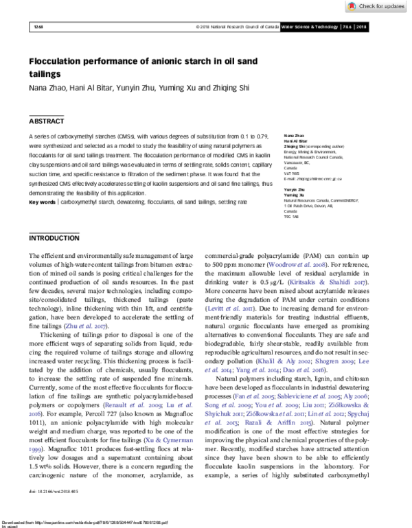(PDF) Flocculation performance of anionic starch in oil sand tailings