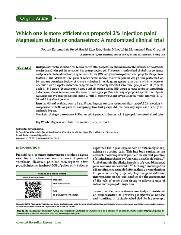 (PDF) Which one is more efficient on propofol 2% injection pain ...