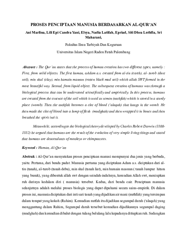 (PDF) PROSES PENCIPTAAN MANUSIA BERDASARKAN AL-QUR'AN