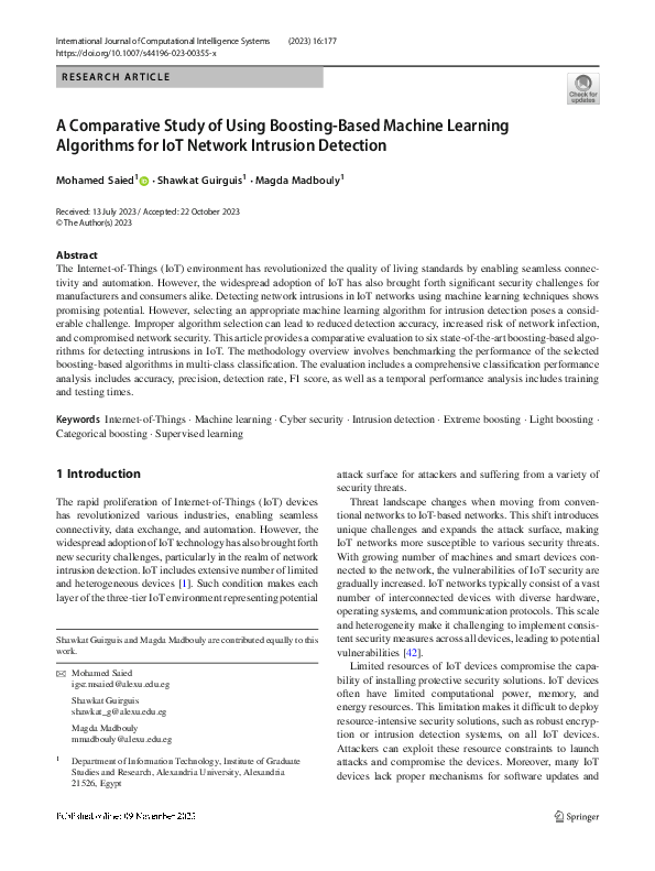 (PDF) A Comparative Study of Using Boosting-Based Machine Learning Algorithms for IoT Network ...
