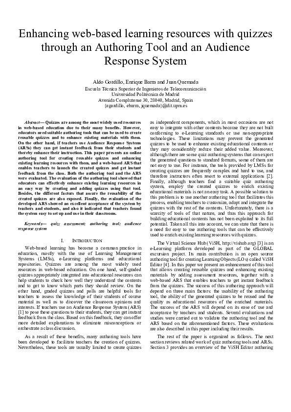 (PDF) Enhancing web-based learning resources with quizzes through an authoring tool and an ...
