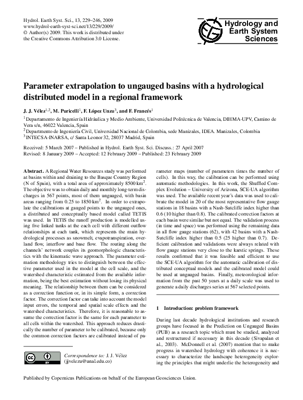 (PDF) Parameter extrapolation to ungauged basins with a hydrological distributed model in a ...