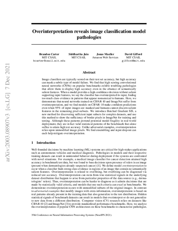 (PDF) Overinterpretation reveals image classification model pathologies