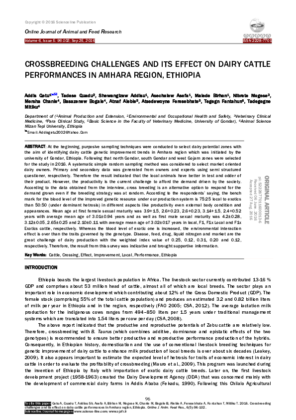 (PDF) Crossbreeding Challenges and Its Effect on Dairy Cattle Performances in Amhara Region ...