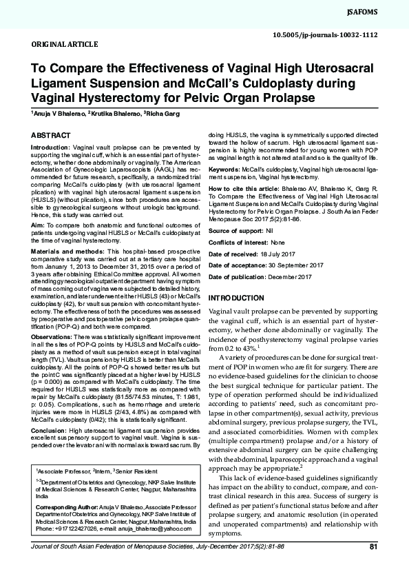 (PDF) To Compare the Effectiveness of Vaginal High Uterosacral Ligament ...