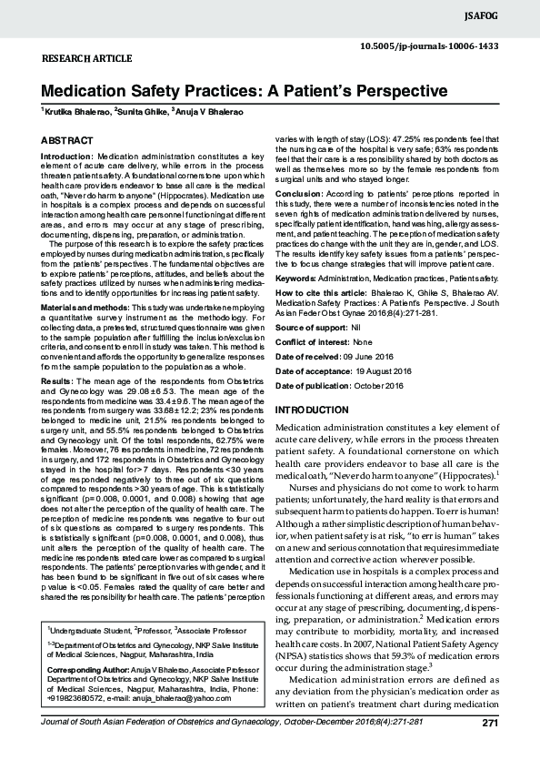 (PDF) Medication Safety Practices: A Patient’s Perspective