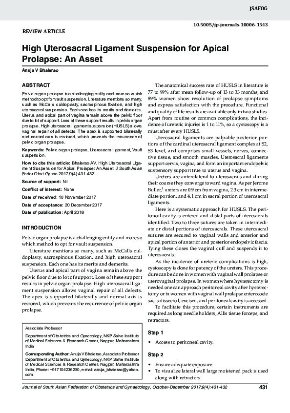 (PDF) High Uterosacral Ligament Suspension for Apical Prolapse: An Asset