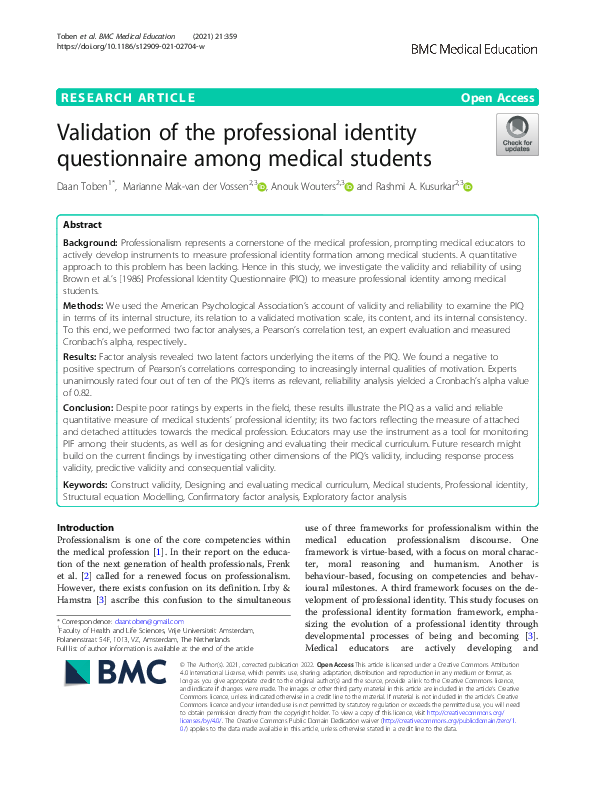 (PDF) Validation of the professional identity questionnaire among ...