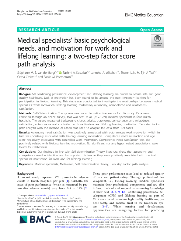 (PDF) Medical specialists’ basic psychological needs, and motivation for work and lifelong ...